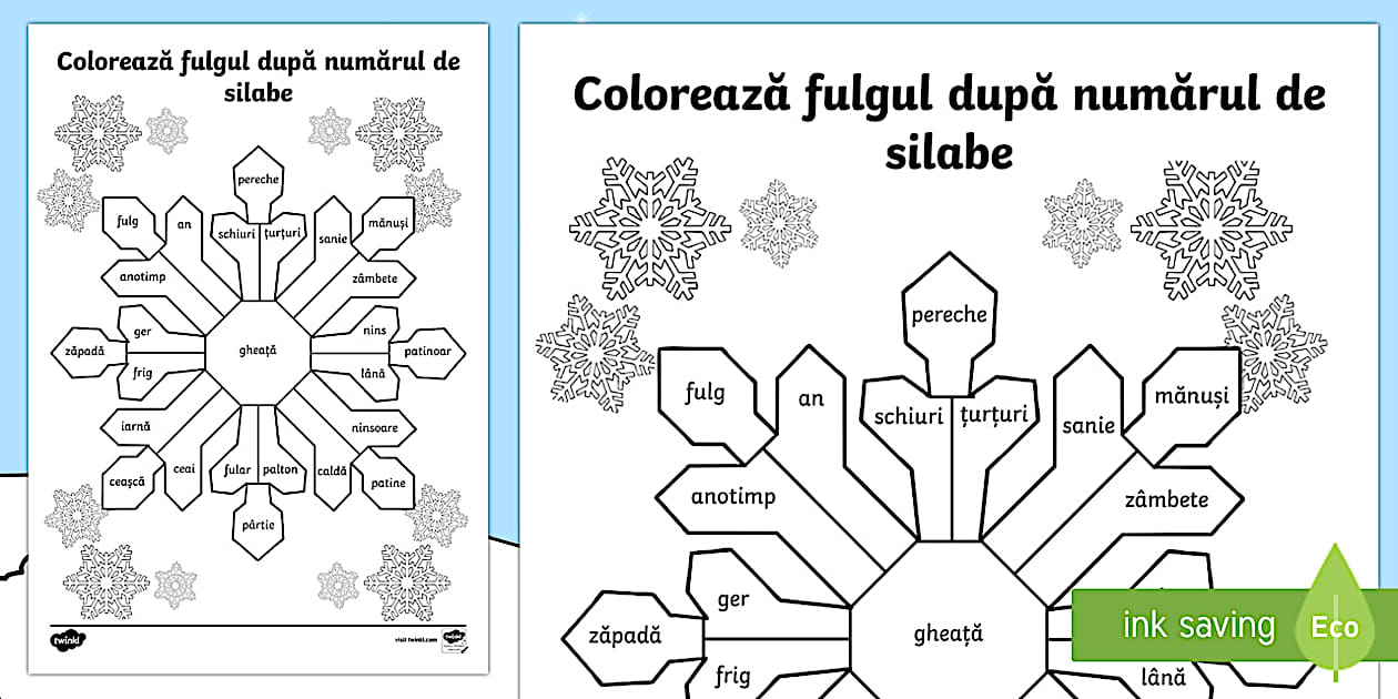 Colorează fulgul după numărul de silabe Fișă de lucru