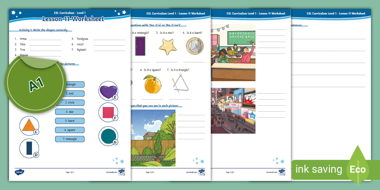 ESL Curriculum Level 1, Lesson 11 Worksheet - Twinkl