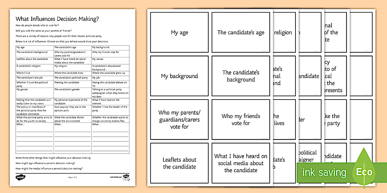 What Influences Our Decision Making? Voting Worksheet / Worksheet