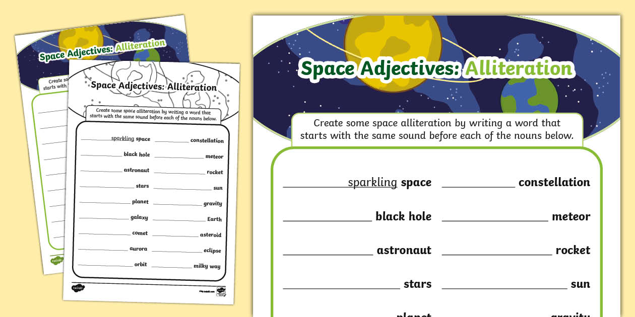 Space Adjectives: Alliteration Worksheet (Lehrer gemacht)