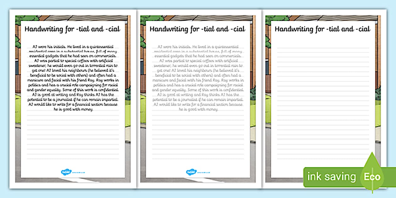 Words Ending in '-cial' and '-tial' Handwriting Worksheets