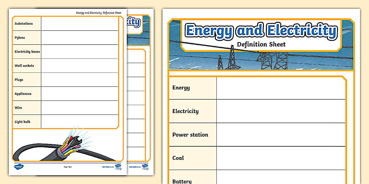 Gr 5 NS and Tech: Energy and Electricity: Definition Sheet