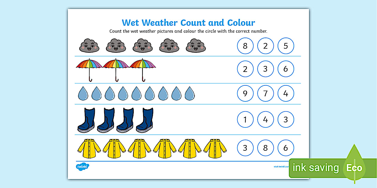Wet Weather Count and Colour Worksheet - Twinkl