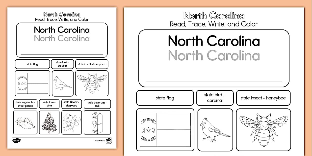 North Carolina Read, Trace, Write, and Color Worksheet