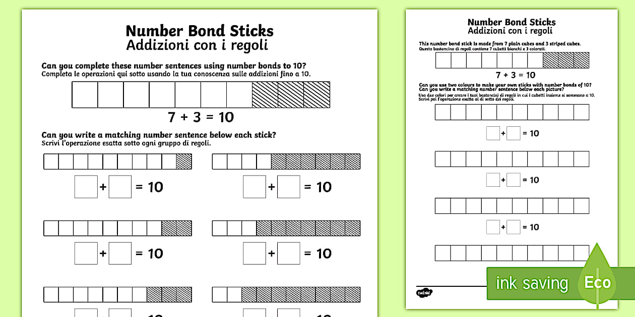 Number Bond Sticks to 10 Worksheet / Worksheet English/Italian