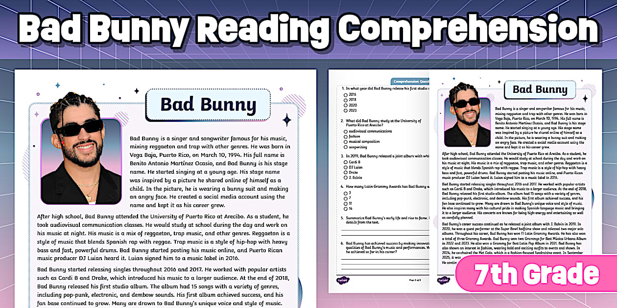 Seventh Grade Bad Bunny Reading Comprehension Worksheet