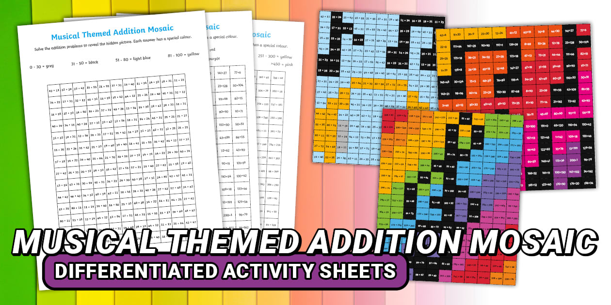 Musical Themed Addition Mosaic Differentiated Activity Sheets