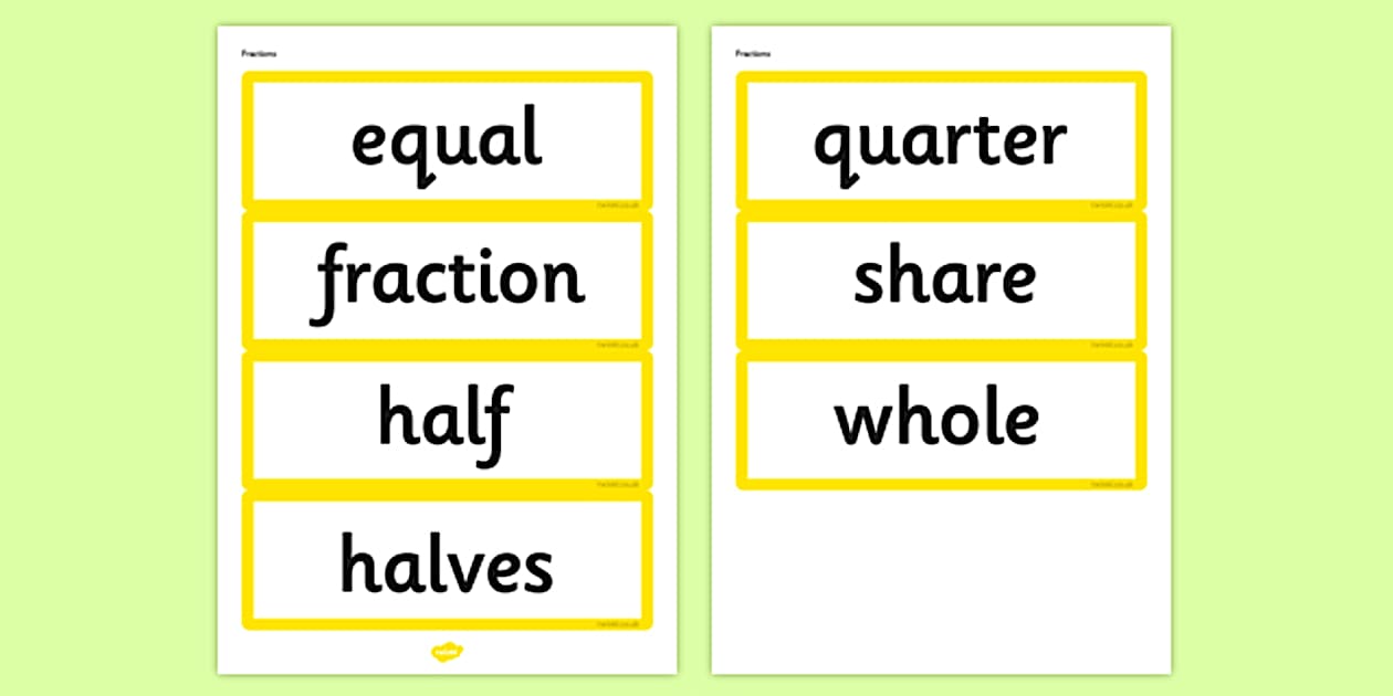 Year 1 2014 National Curriculum Fractions Vocabulary Cards