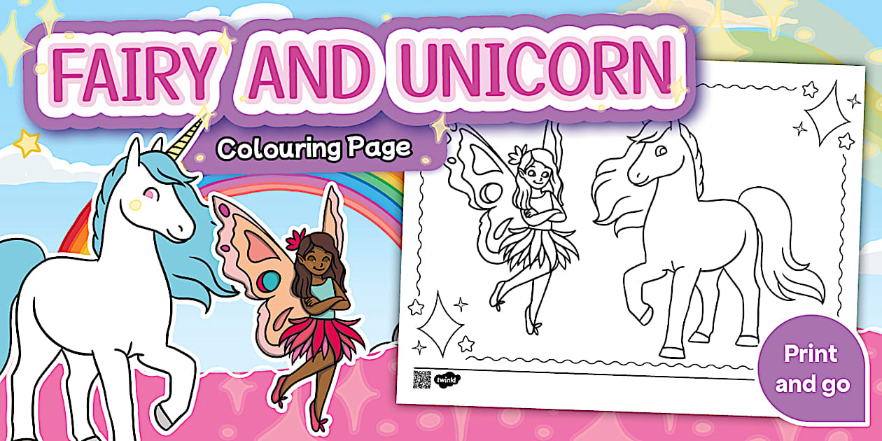 Fairy and Unicorn Colouring Page