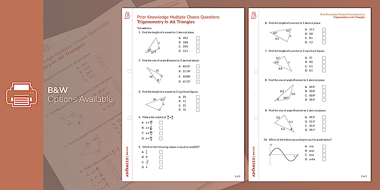 👉 Trigonometry in all Triangles - Prior Knowledge Multiple-Choice Questions