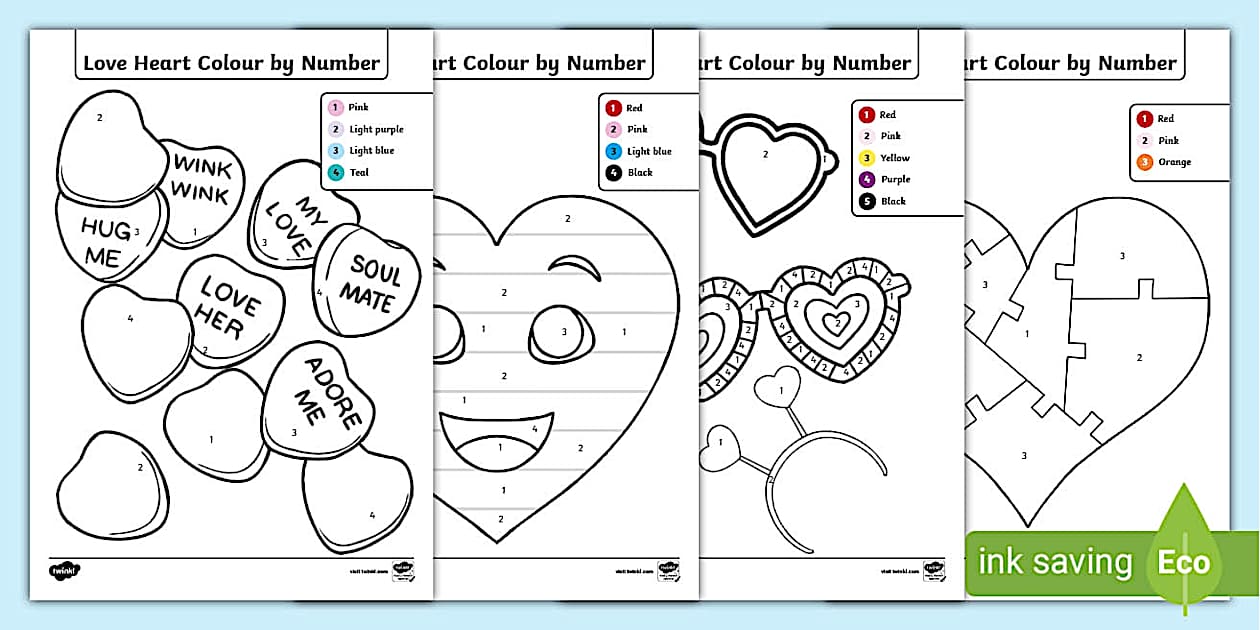 Love Heart Colour by Number Pages (teacher made) - Twinkl