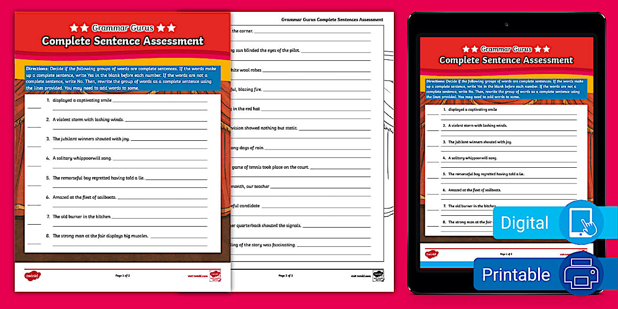 Grammar Gurus Complete Sentence Assessment for 6th-8th
