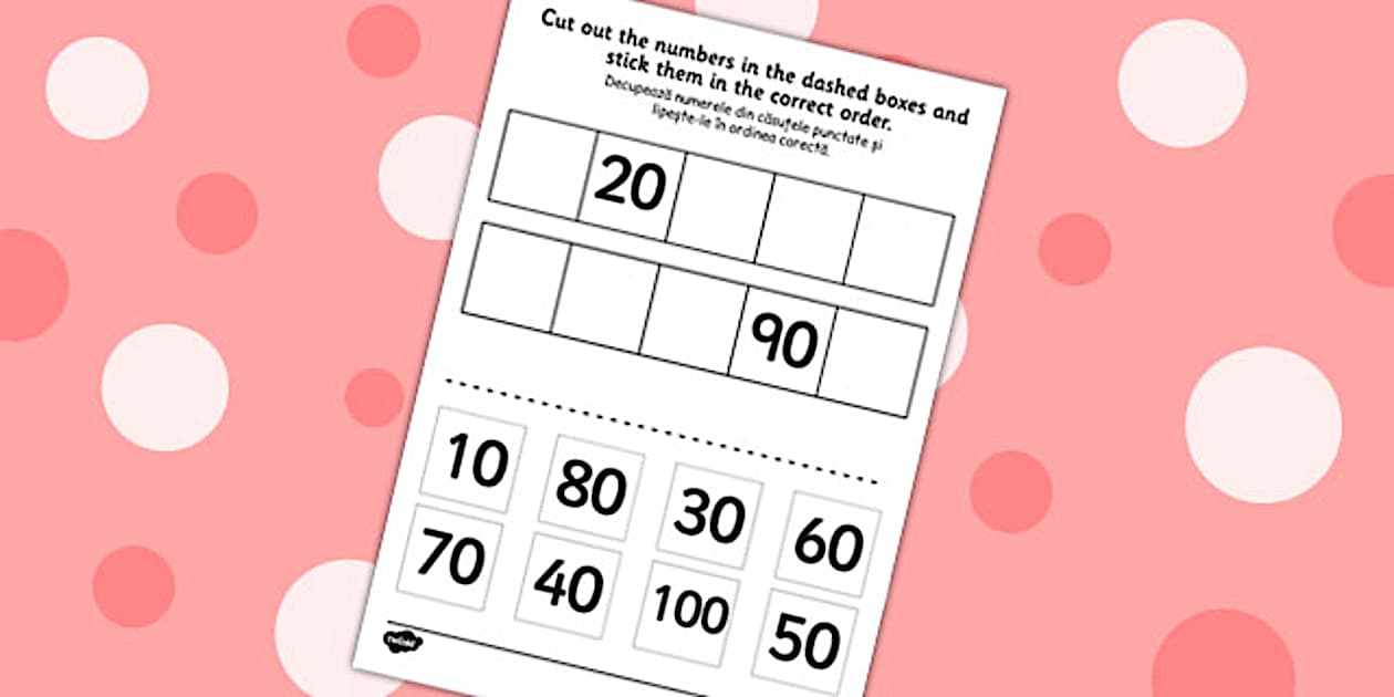 Counting in 10s Cut and Stick Worksheet Romanian Translation