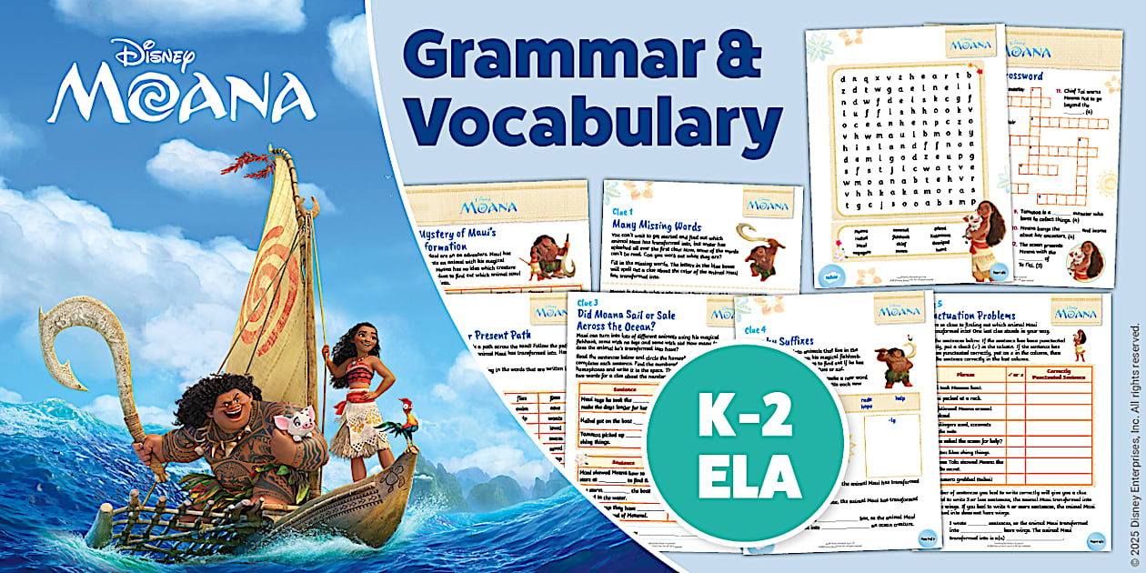 Moana: Grammar & Vocabulary Activity Pack for K-2nd Grade