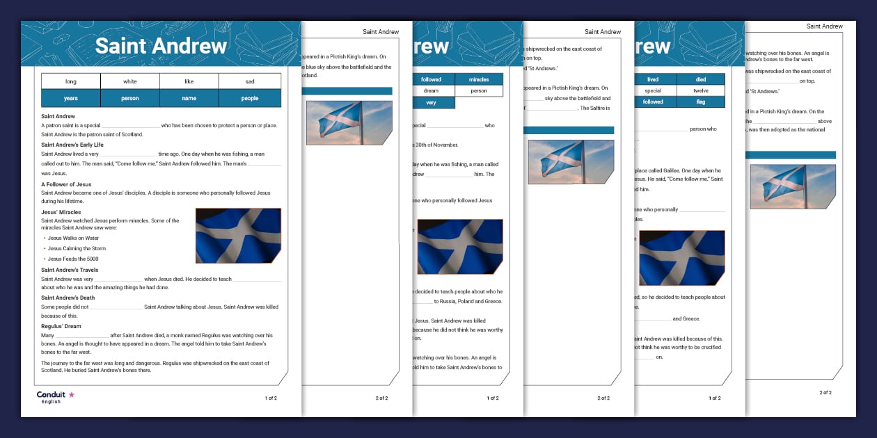 Reinforcing Reading: Saint Andrew Cloze Passages - Twinkl