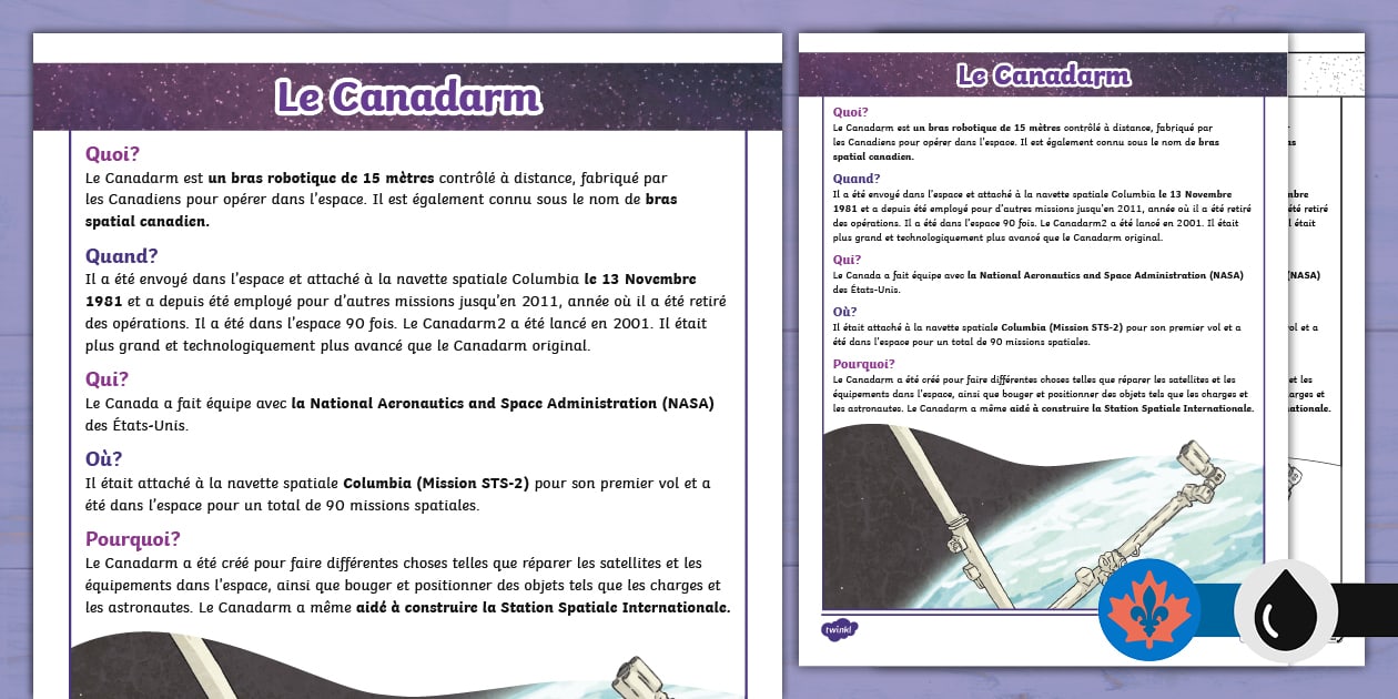 The Canadarm Fact Sheet French