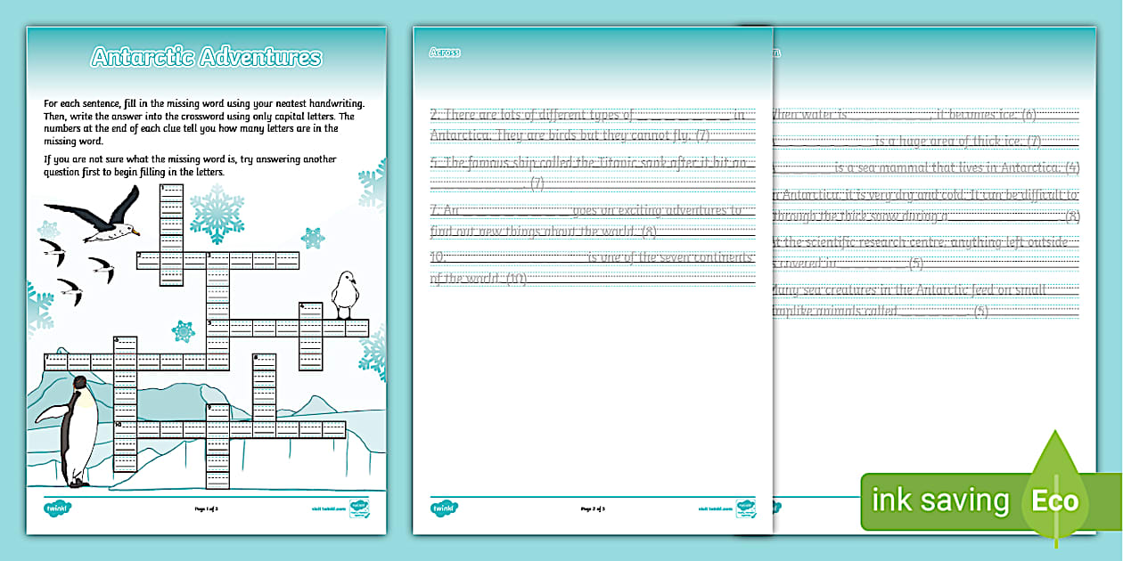 KS1 Antarctic Adventures Handwriting Crossword - Twinkl