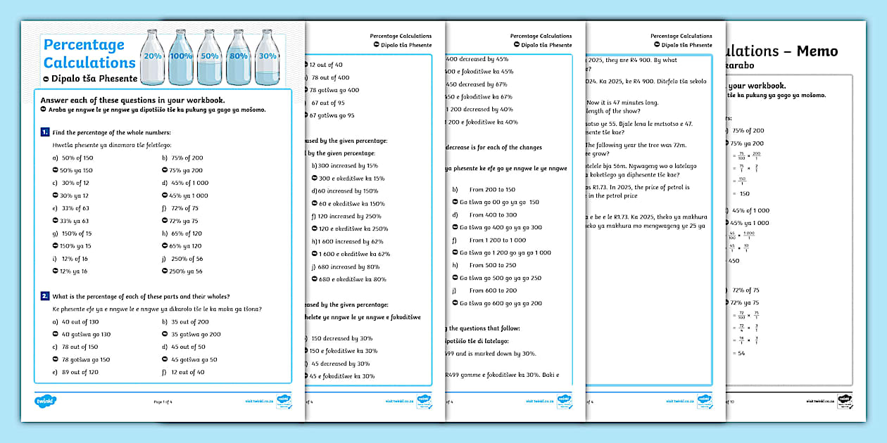 Percentage Calculations Revision Activity Sheet – Sepedi
