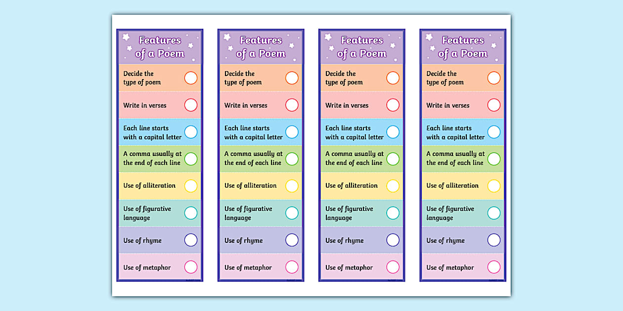 Features of a Poem Bookmark Checklist - Twinkl