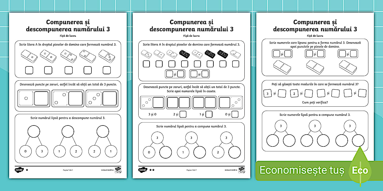 Compunerea și descompunerea numărului 3 – Fișe de lucru