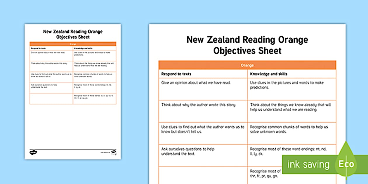 New Zealand Reading Orange Objectives Sheet Adult Guidance