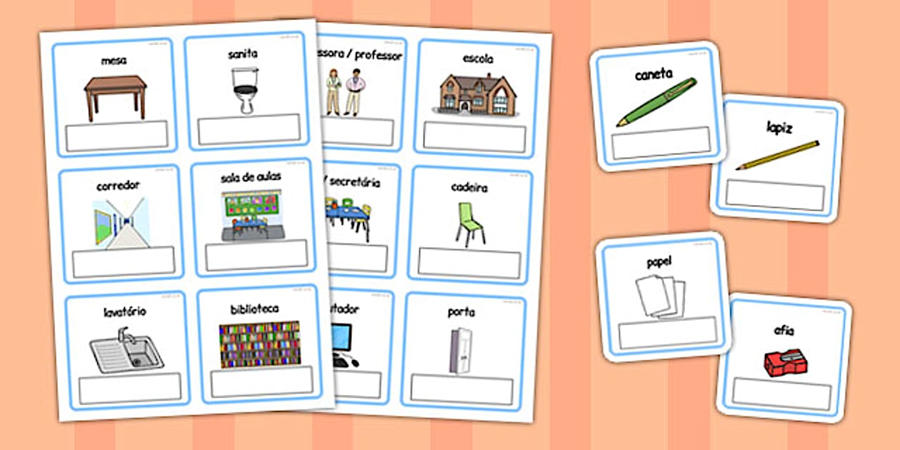 EAL Everyday Objects at School Editable Cards with English Portuguese