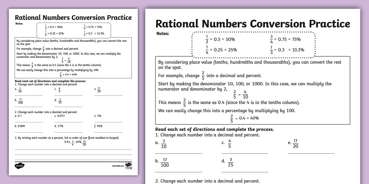 Seventh Grade Rational Numbers Conversion Practice - Twinkl