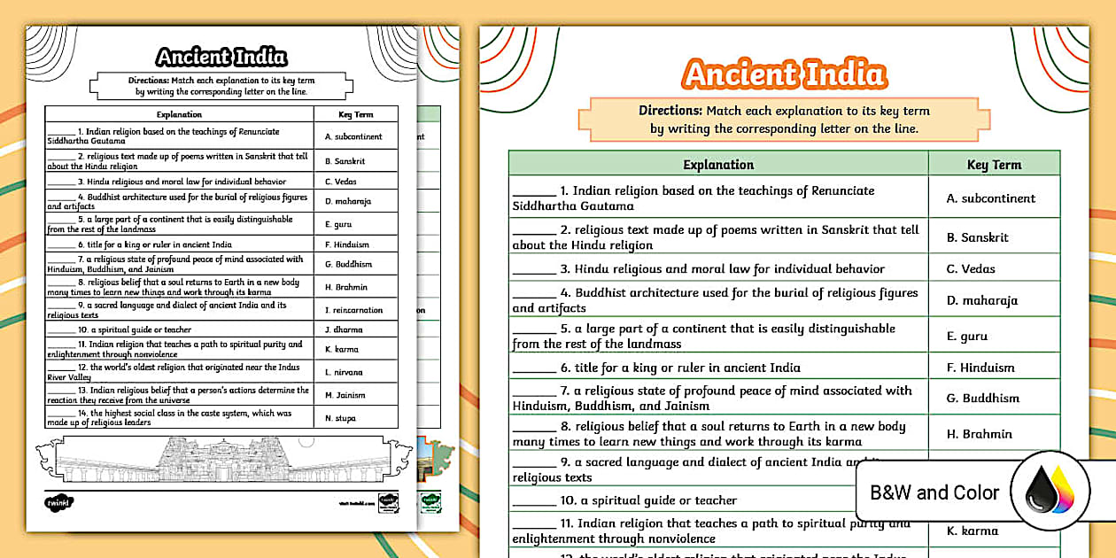 Sixth Grade Ancient India Matching Activity Worksheet