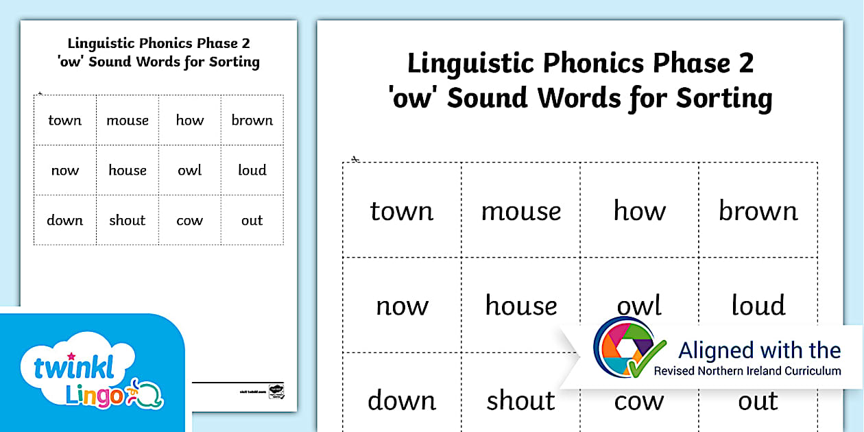 Northern Ireland Linguistic Phonics 2 'ow' Sound Words for Sorting Sheet