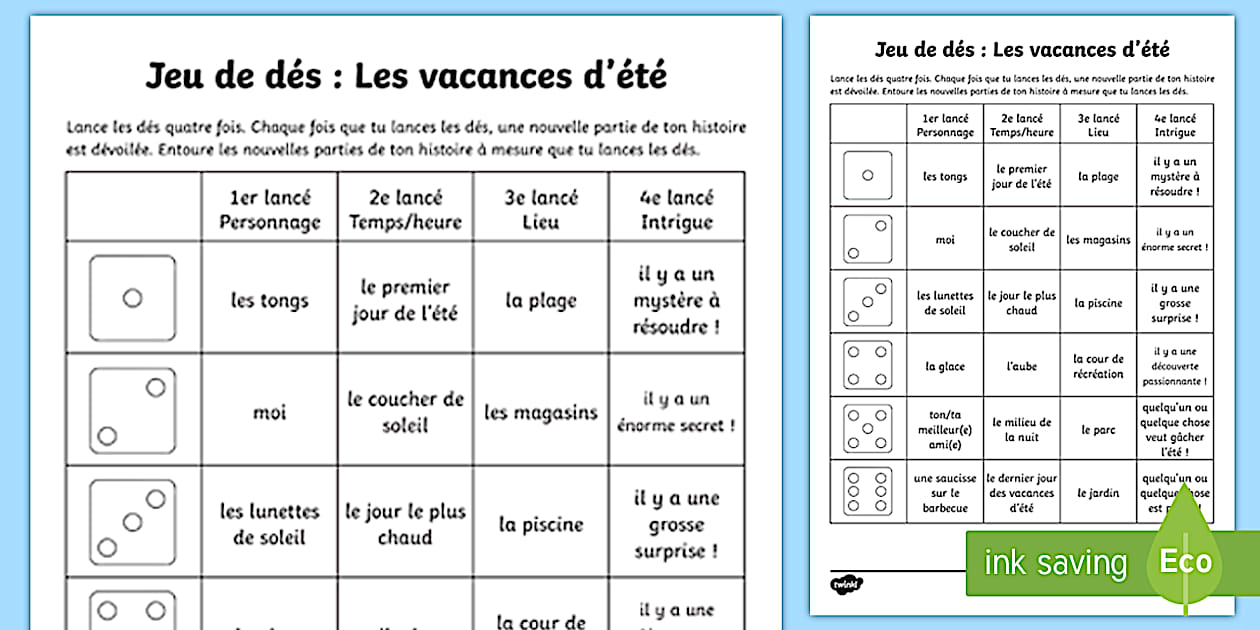 Feuille d\'activités : Jeu de dés - Les vacances d'été
