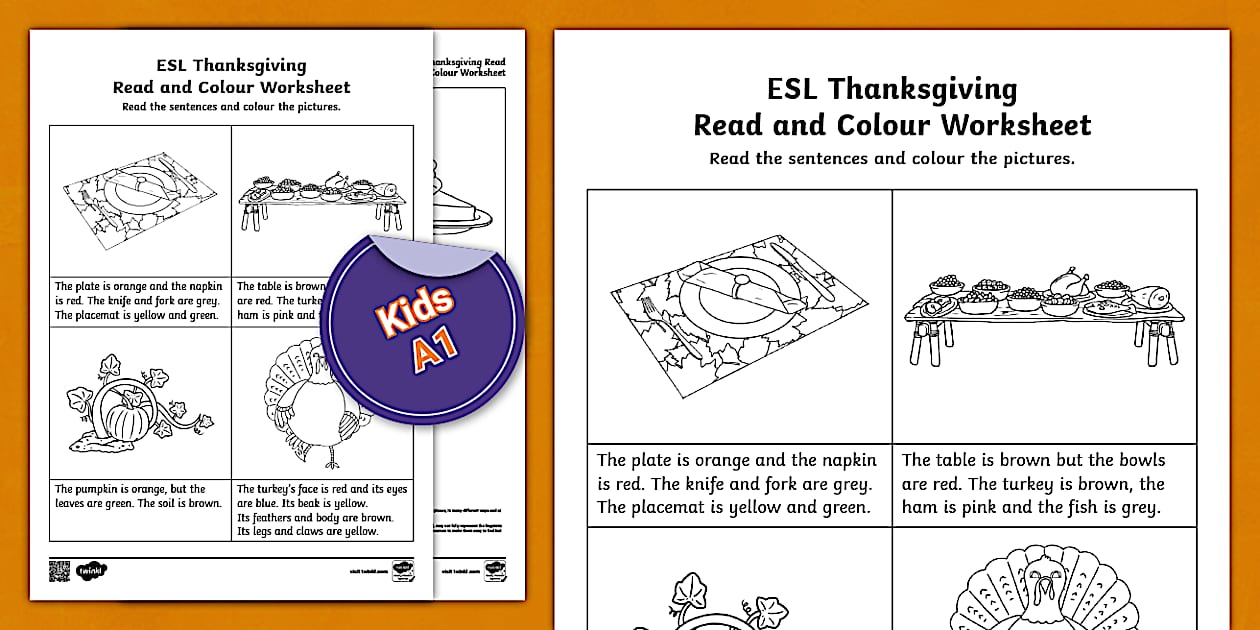 ESL Thanksgiving Read and Colour Worksheet - Twinkl