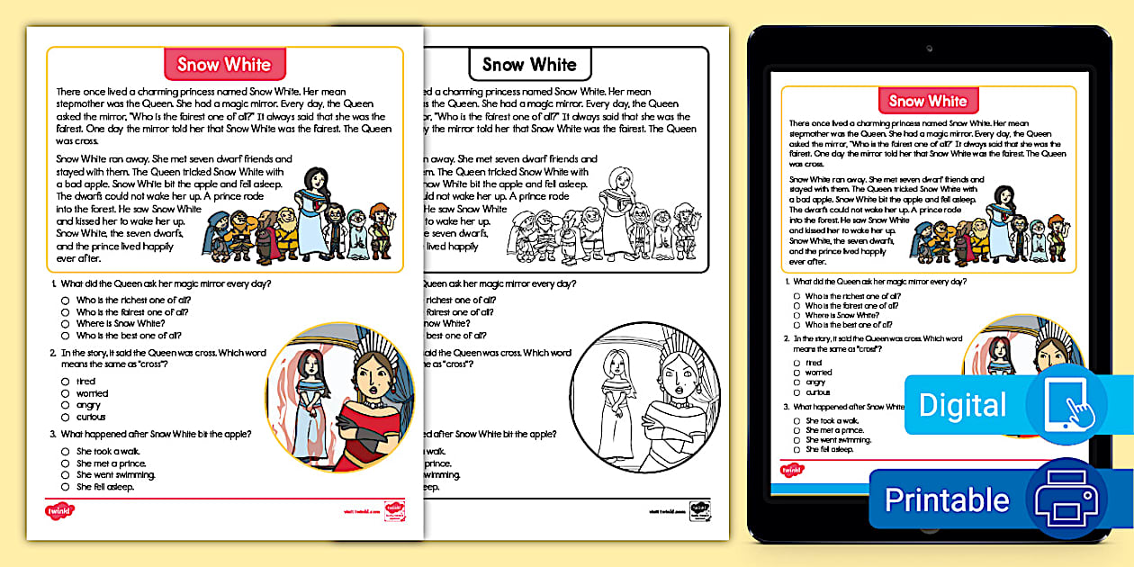 Snow White Reading Passage Comprehension Worksheet - Twinkl