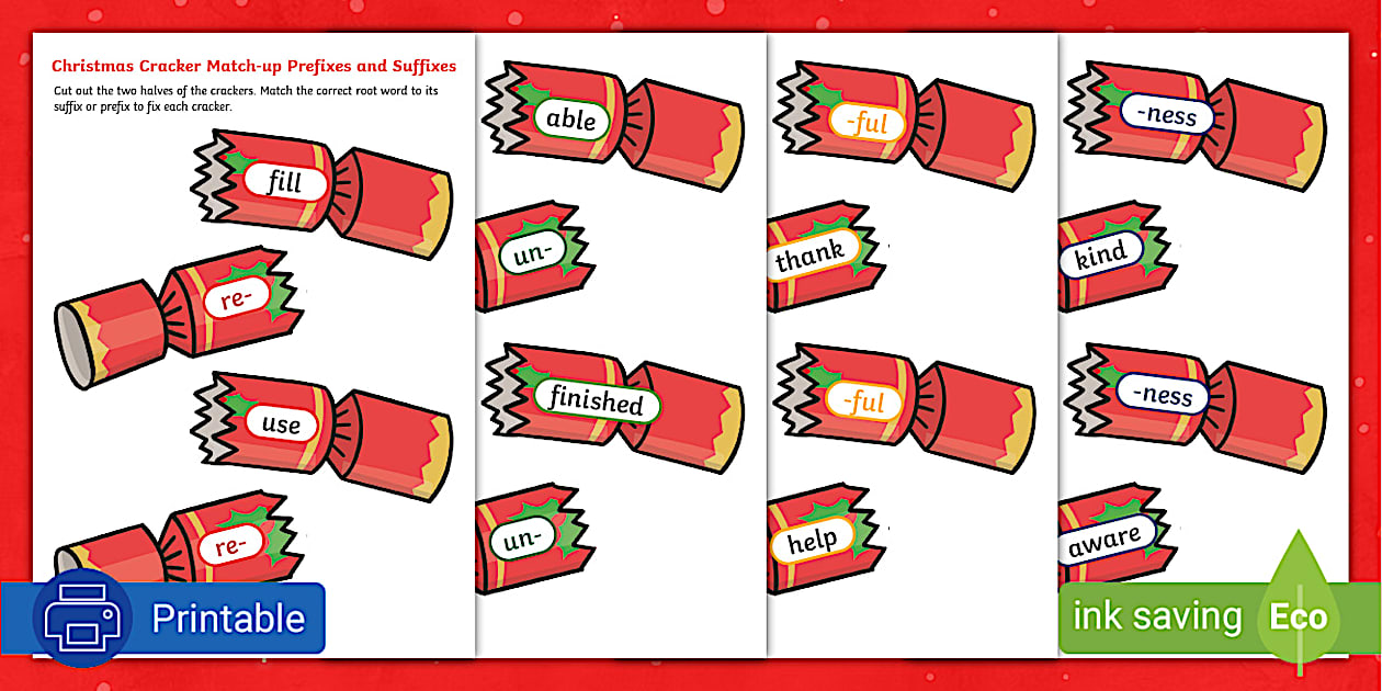 Christmas Cracker Match-up Prefix and Suffix Game - Twinkl