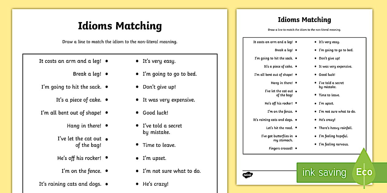Idiom Matching Worksheet for 3rd-5th Grade | Twinkl USA