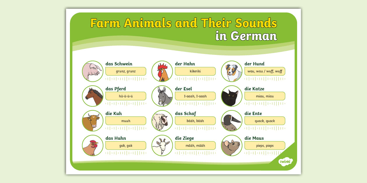 Farm Animal Sounds - German Word Mat