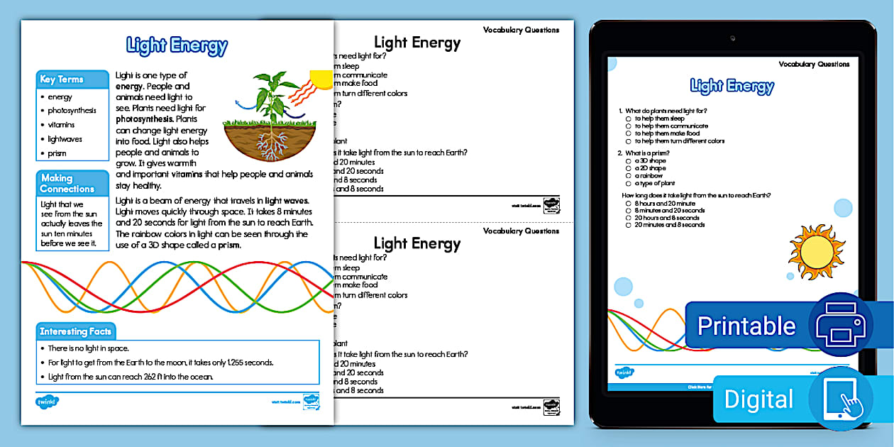 Second Grade Light Energy Facts and Vocabulary | Twinkl USA