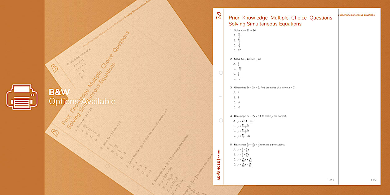 👉 Solving Simultaneous Equations - Prior Knowledge Multiple-Choice ...