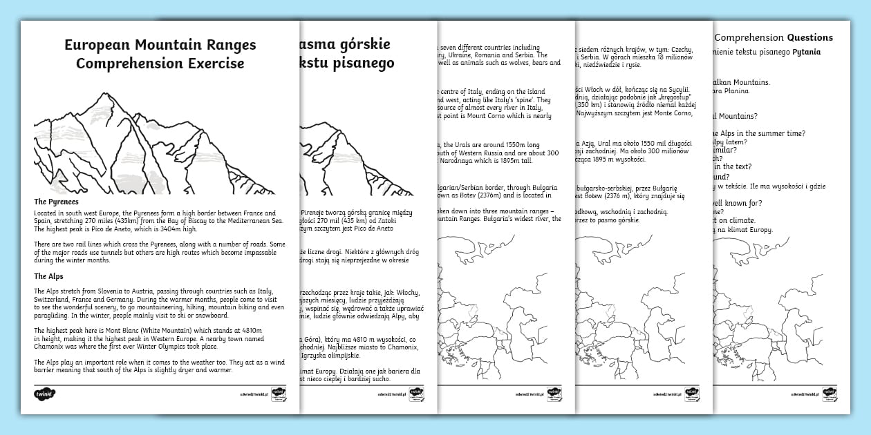 European Mountain Ranges Comprehension Activity English/Polish - European