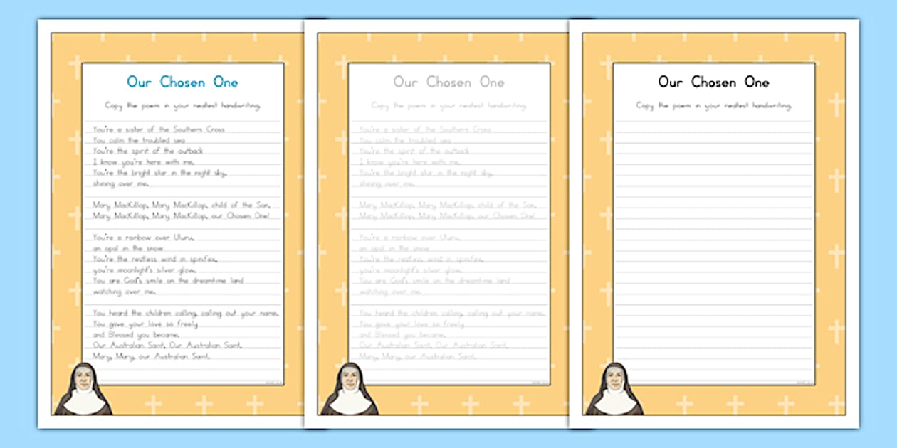Black and White Saint Mary MacKillop Our Chosen One Handwriting Practice