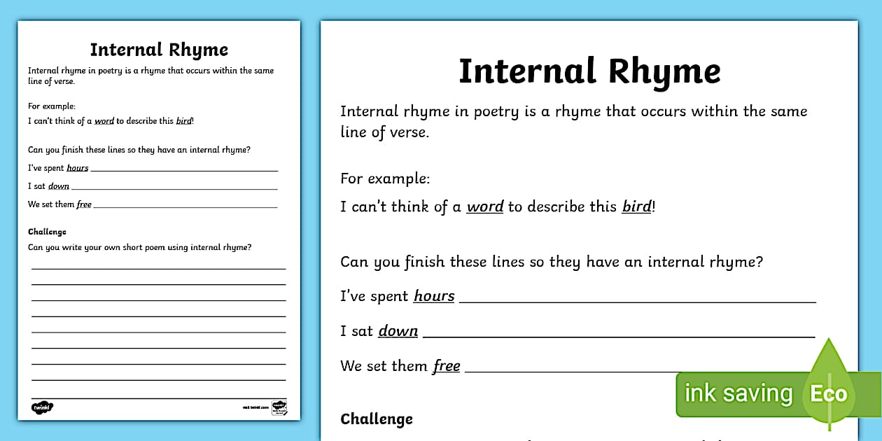 Internal Rhyme Worksheet (teacher made) - Twinkl