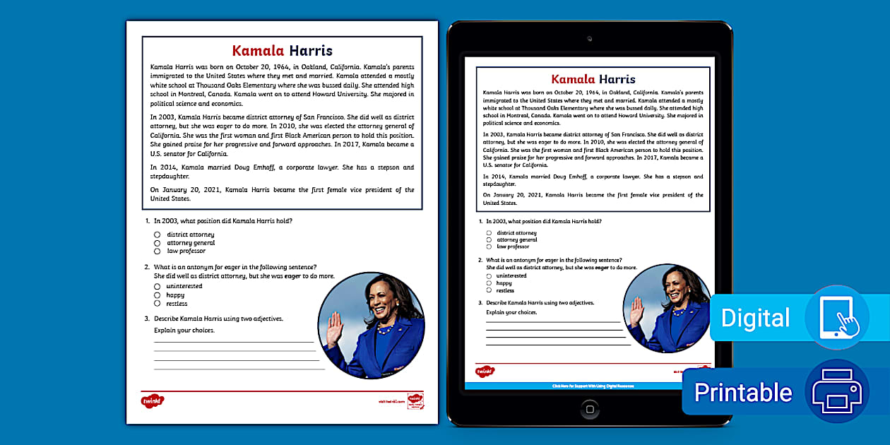 Fourth Grade Kamala Harris Reading Comprehension Worksheet