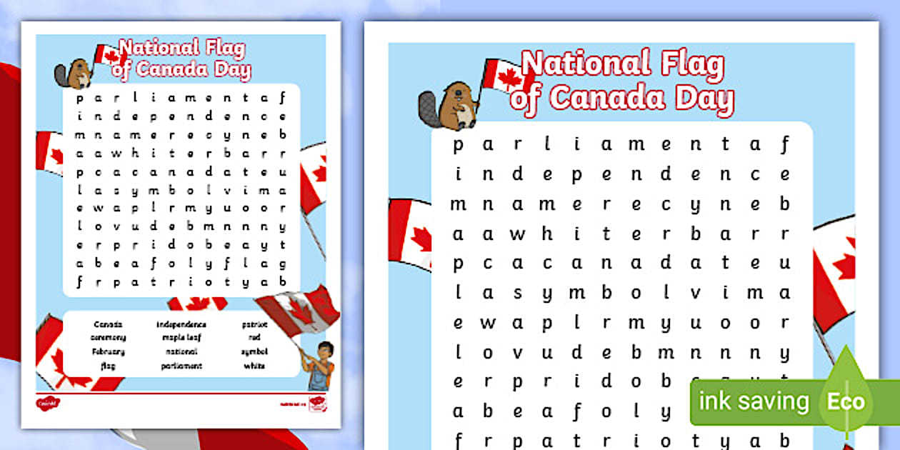 Black and White National Flag of Canada Day Word Search
