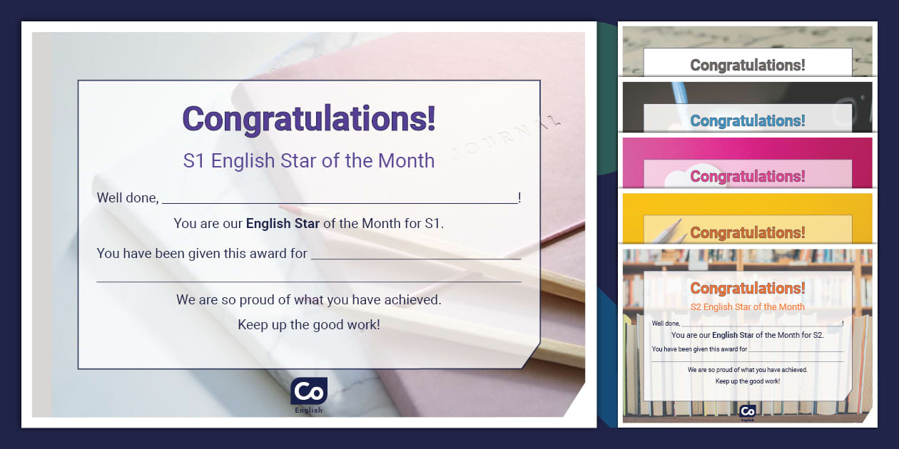 S1 to S6 English Star of the Month Praise Cards - Twinkl