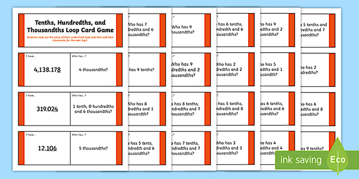 Decimal Cards to the Thousandths Loop Card Game - KS1 Maths
