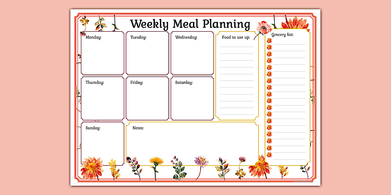 Wildflower Botanical Themed Weekly Meal Planner - Twinkl