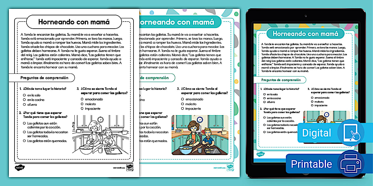 Actividad de comprensión de lectura para kindergarten: Horneando con mamá