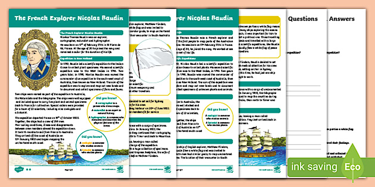 Nicolas Baudin Explorer Differentiated Reading Comprehension Activity