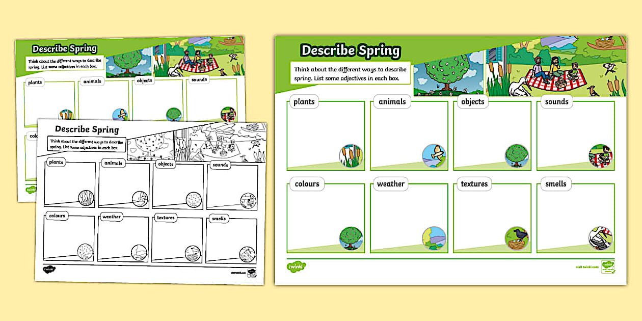 Spring Adjectives Worksheet (teacher made) - Twinkl