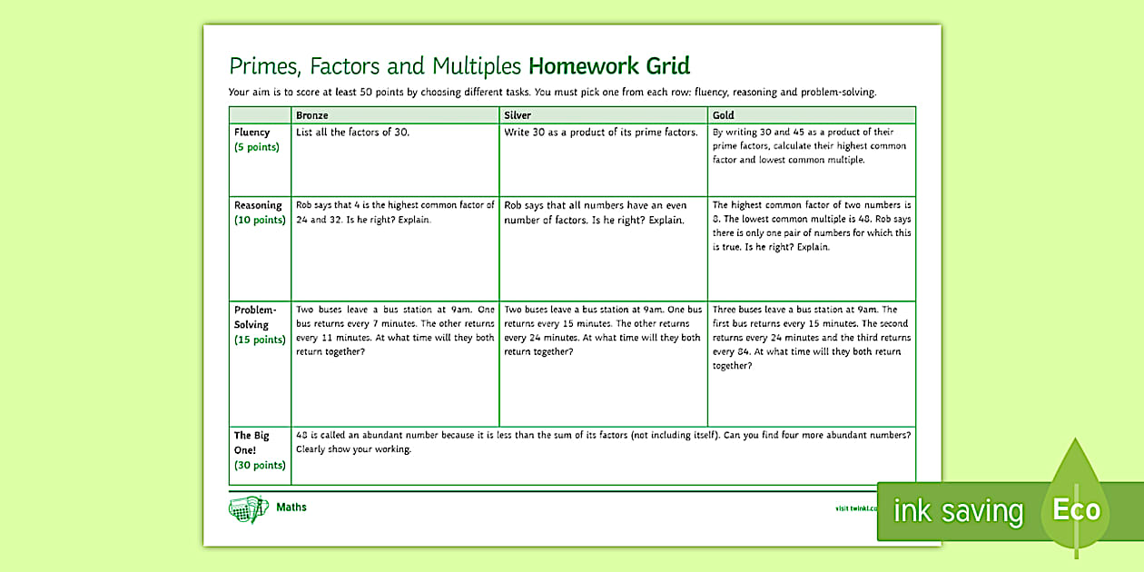 Homework Grid: Factors, Multiples and Primes | KS3 Maths
