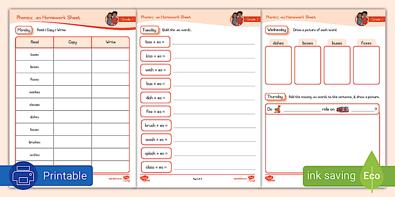 Grade 1 Phonics: -es Homework Sheet